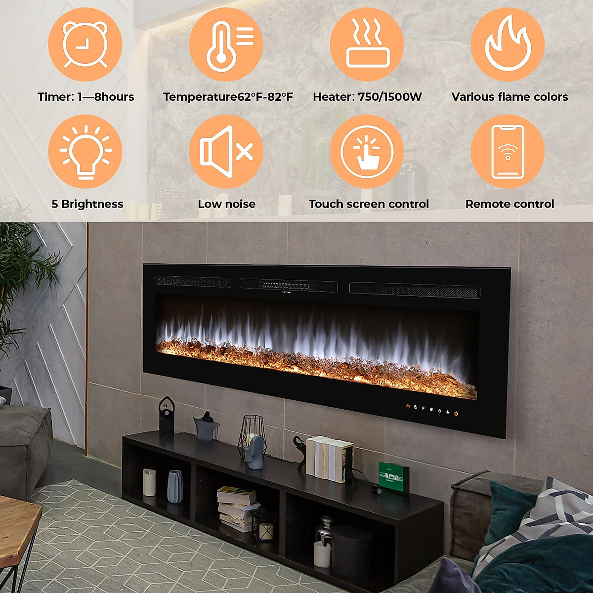 Clevich 60 inches Electric Fireplace Insert and Wall Mounted with Multicolor Flame,750w/1500w Fireplace Heater Low Noise,Fire Place for The Living Room,Touch Screen Remote Control with Timer,Black