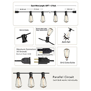 DAMAING LED Outdoor String Lights 100FT Waterproof Patio Lights with 52 Dimmable Edison Bulbs,Shatterproof Outside Hanging String Lights for Porch,Deck,Backyard, Balcony, Bistro,Cafe,2 Pack x 50Ft