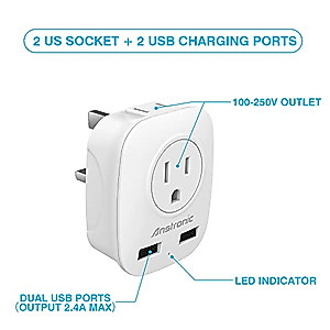 [2-Pack] US to UK Ireland Travel Plug Adapter, Anstronic International Power Adapter with 2 USB, 4 in 1 Power Outlet Adaptor for USA to British England Dubai Irish Scotland Hong Kong(Type G)