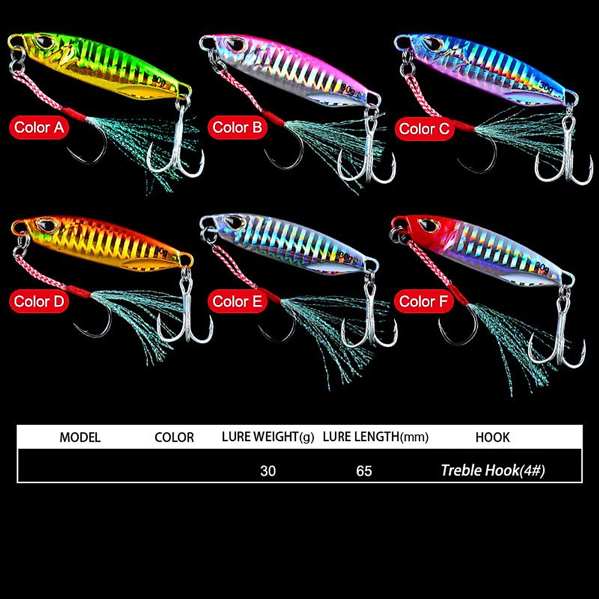 Jigging Lures Fishing, 30g Slow Jig Baits, Offshore Micro Jigs for Tuna King Sna Grouper Bass, Metal Jig with Treble Hook and Assist Hooks 7Pieces/6Pieces