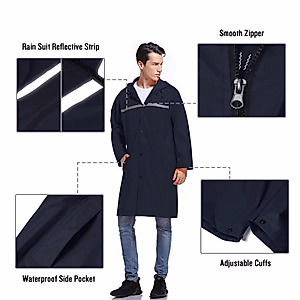 Mens Long Hooded Safety Rain Jacket Waterproof Emergency Raincoat Poncho(Navy,XL)