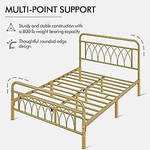 Yaheetech Full Bed Frame Metal Platform Bed with Petal Accented Headboard/Footboard/14.4 Inch Under Bed Storage/No Box Spring Needed,Antique Gold