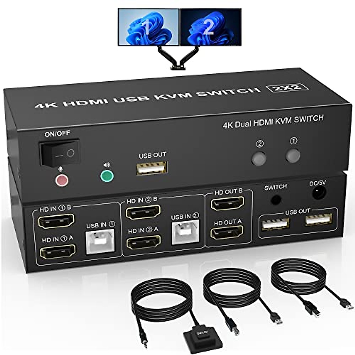 Dual Monitor KVM Switch HDMI 2 Port, 4K@60Hz Extended Display KVM Switch 2 Monitors 2 Computers with Audio Microphone Output and 3 USB Ports, PC Monitor Keyboard Mouse Switcher