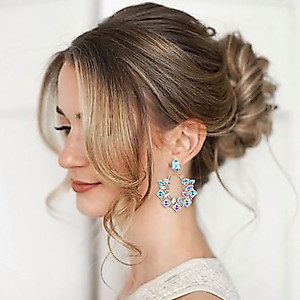 Flyonce Rhinestone Oval Hoop Dangle Earrings, Austrian Crystal Geometric Statement Pierced Earrings Iridescent Clear AB