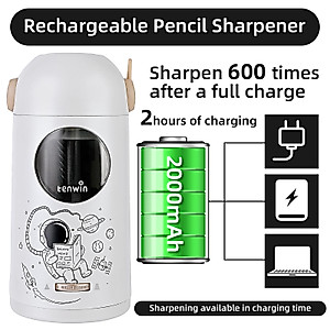 tenwin Rechargeable Electric Pencil Sharpener, Fully Automatic Pencil Sharpener for 7-11.5mm Pencils, Hands-Free Sharpener for Colored Pencils, Auto in&Out, Adjustable Pencil Nibs (Silver)