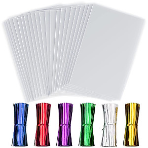 LEOSINDA 200pcs 3 X 5 Clear Flat Gift Wrap Cellophane Bags Cookie Bags with 6 Mix Colors Twist Ties Cello Goodie Treat Bags Bakery Party favor Packaging 1.3mil