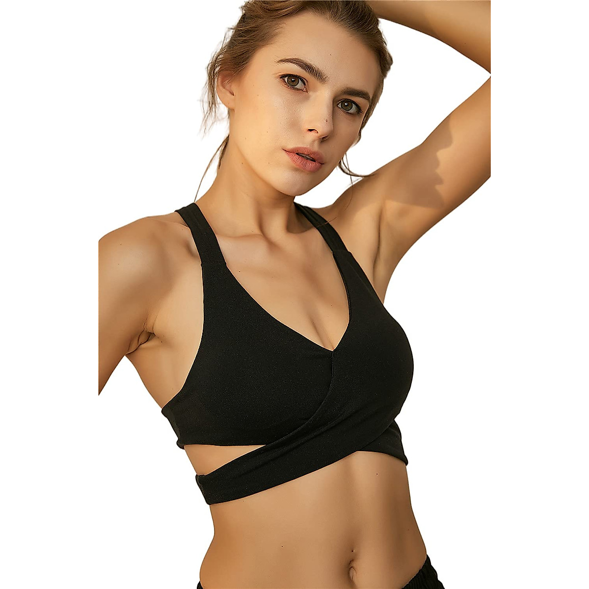 LUAN Sports Bras for Women Front Cross Strappy Sports Bra Padded Tank Top Cutout Yoga Tops (Black, Small)