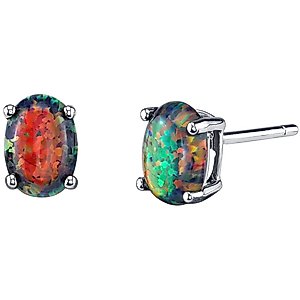 Peora Solid 14K White Gold Created Black Fire Opal Earrings for Women, Classic Solitaire Studs, 7x5mm Oval Shape, 1 Carat total, Friction Back