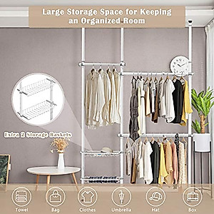 Tangkula Double 2 Tier Adjustable Closet System, Floor to Ceiling Clothes Hanger with 2 Storage Baskets & Inner Spring, Clothing Garment Rack Telescopic Closet Organizer for Living Room, Bedroom