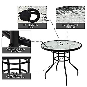 Tangkula 32" Outdoor Patio Table Round Steel Frame Tempered Glass Top Commercial Party Event Furniture Conversation Coffee Table for Backyard Lawn Balcony Pool with Umbrella Hole