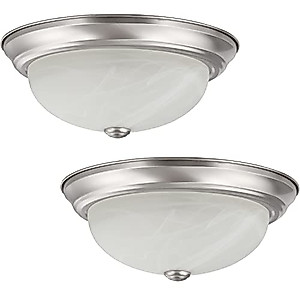 Aspen Creative 63023-09-2, 2-Light Flush Mount, Brushed Nickel Finish w/Alabaster Glass, 13" Dia, E26 Socket, 60 Watts, Bulb Not Included, Set of 2