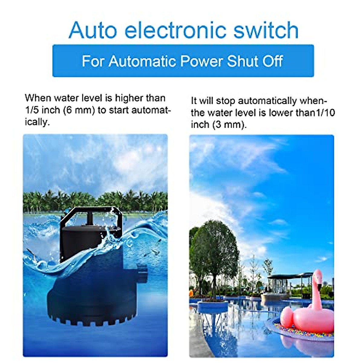 2200GPH 1/4 HP Automatic ON/Off Submersible Water Pump with Garden Hose Adapter, 14.8FT Lift Height, Swimming Pool Cover Pump for Waterfall, Fish Tank, Pond, Aquarium, Hydroponic Systems