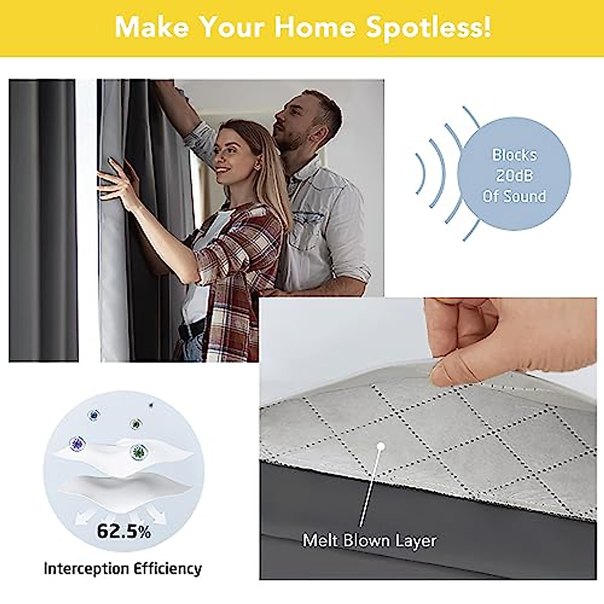 NICETOWN Noise Reduction & Mountain Fires, Sandstorms, Smog Filtering Curtains, Thermal Insulated Blackout Drapes, Energy Efficiency Window Curtains for Bedroom (Grey, 2 Panels, 52 W by 72 L)