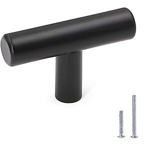 LONTAN 12 Pack Matte Black Kitchen LS201BK Modern T Cabinet Knobs Stainless Steel Dresser Drawer Knobs for Cupboard, Single Hole, Overall Length 2in