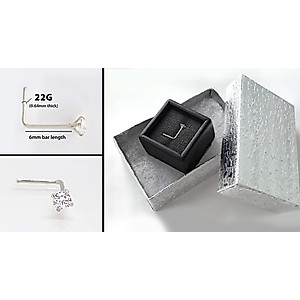 Solid 14Kt Gold Nose Ring, 22G L-Shaped Nose Stud, 14kt Yellow Gold or 14kt White Gold Nose Ring Prong Set CZ Accent-WG2.5mm