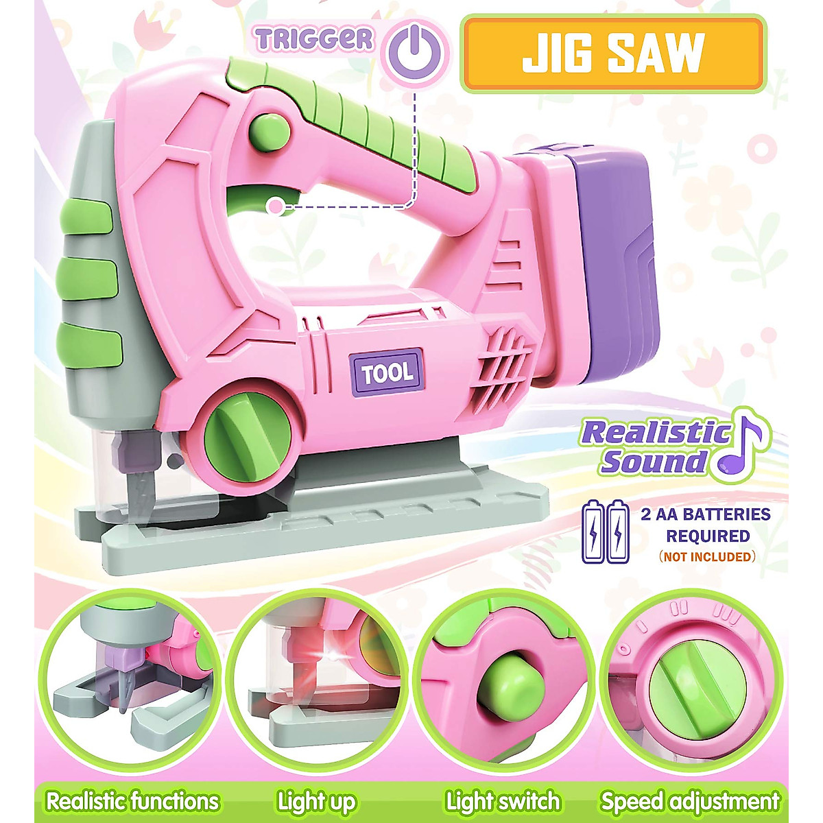 Kids Tool Set with Electric Toy Drill Chainsaw Jigsaw Toy Tools for Girl, Realistic Kids Power Construction Pretend Play Tools Set Toddler Toys Playset Kit for Toddler Boy Girl Kid Child Tool Toy Pink
