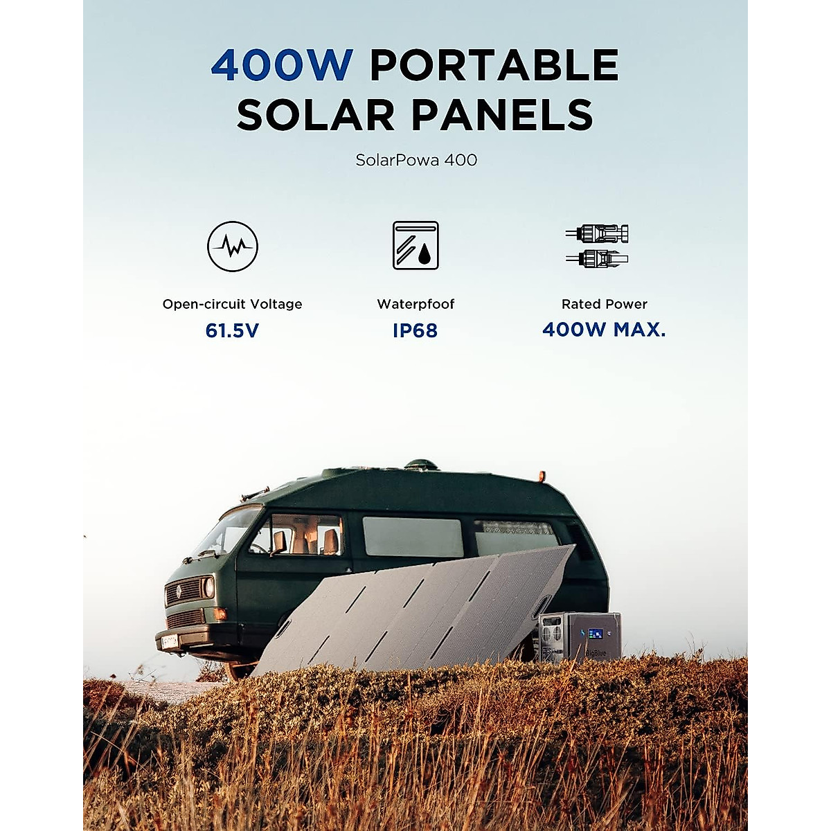 ETFE Solar Panels 400 Watts, BigBlue SolarPowa 400 Portable Solar Charger with Kickstands and MC-4(51.3V/7.8A), IP68 Waterproof, Charge Fast Cellpowa 2500 Power Station for Camping, RV Off Grid System