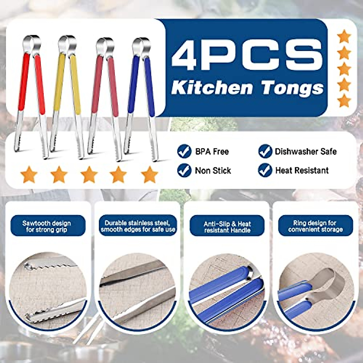 4Pcs Stainless Steel Kitchen Tongs, Serving Tongs for Cooking, 10" Metal Food Tongs with Non-Slip Comfort Grip, Non-Stick Cooking Tongs High Heat Resistant BBQ Tongs Grill Tongs for Barbecue Grilling…