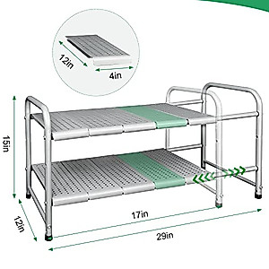 MULISOFT 2-Tier 10 Panels Under Sink Organizer Kitchen Rack Expandable Cabinet Shelf Organizer Rack with Removable Panels for Kitchen Bathroom Storage (expand from 17 to 29 inches) Stainless Steel
