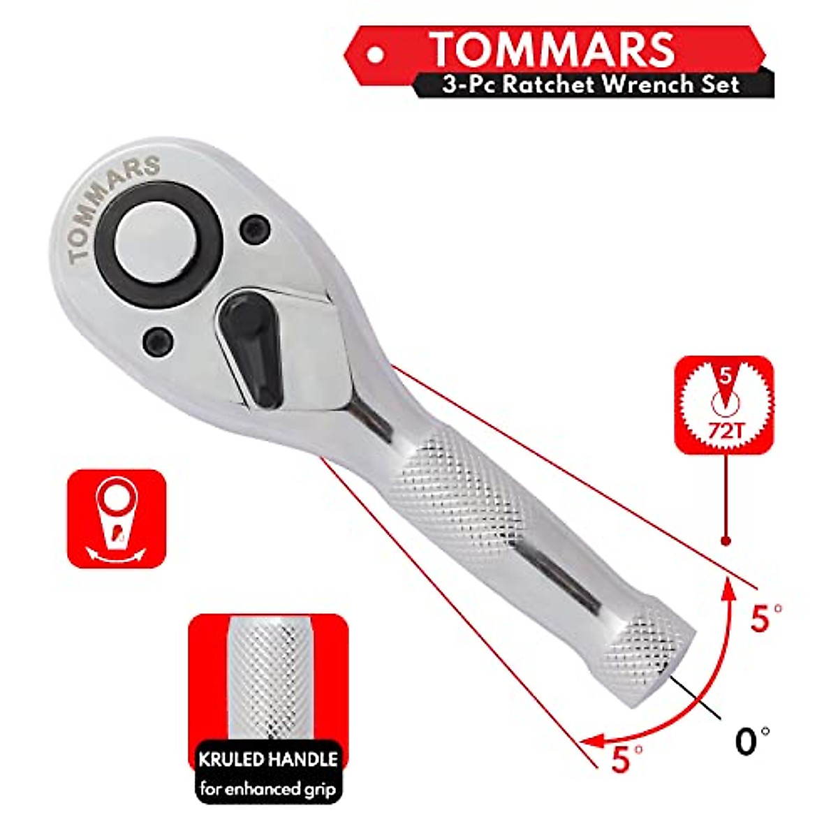 TOMMARS Stubby Ratchet Set, 1/4", 3/8", 1/2" Drive Ratchet Handle Wrench 72-Tooth Quick-Release Reversible