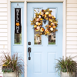 Interchangeable Holiday Mini Welcome Door Sign Wooden Indoor Outdoor Hanger with 15 Pcs Seasonal Replaceable Ornaments Rustic Farmhouse Porch Sign Home Decoration Ideas Black