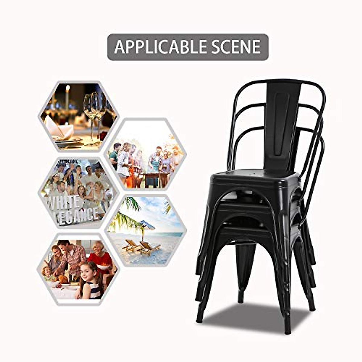 HCB Metal Dining Chairs Set of 4 Indoor Outdoor Patio Chairs Stackable Kitchen Chairs with Back Restaurant Chair 330 LBS Capacity (Black)