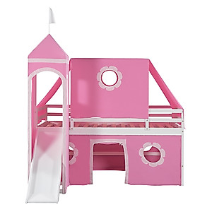 Pink Twin Size Loft Bed with Slide, Windows and Tent, Safe Playhouse Design with Guardrails and Ladder, No Box Spring Required, Perfect for Kids Bedrooms, Pink