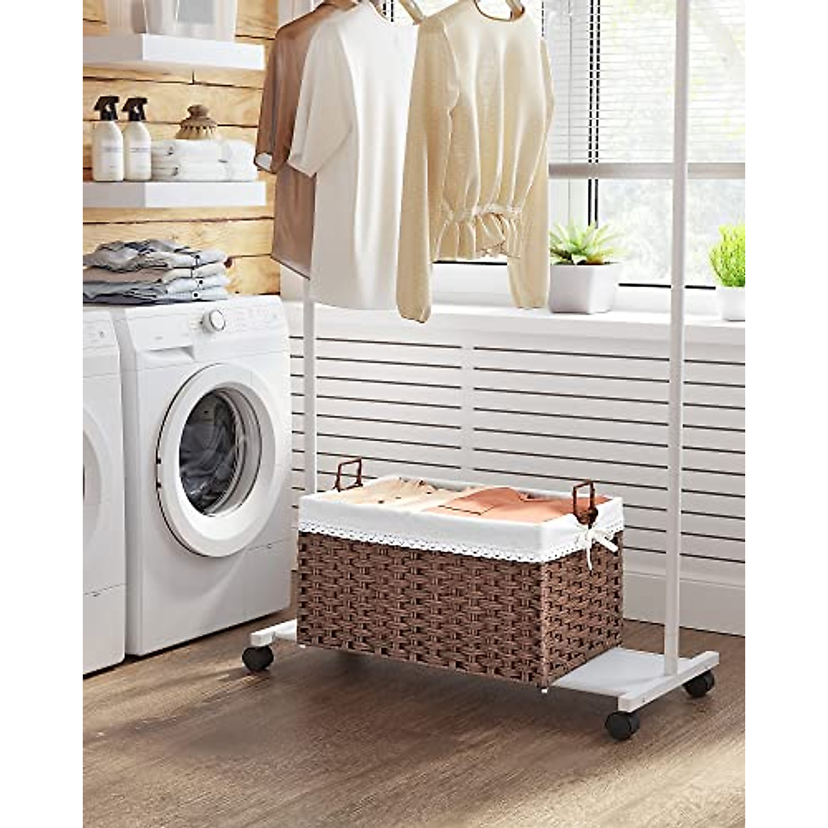 SONGMICS Laundry Basket, Laundry Hamper with 2 Removable Liner Bags & 3 Mesh Laundry Bags, 75L Sturdy Tall Laundry Bin, Freestanding Clothes Hamper with Handles, for Bathroom Dorm, Brown URST375K01