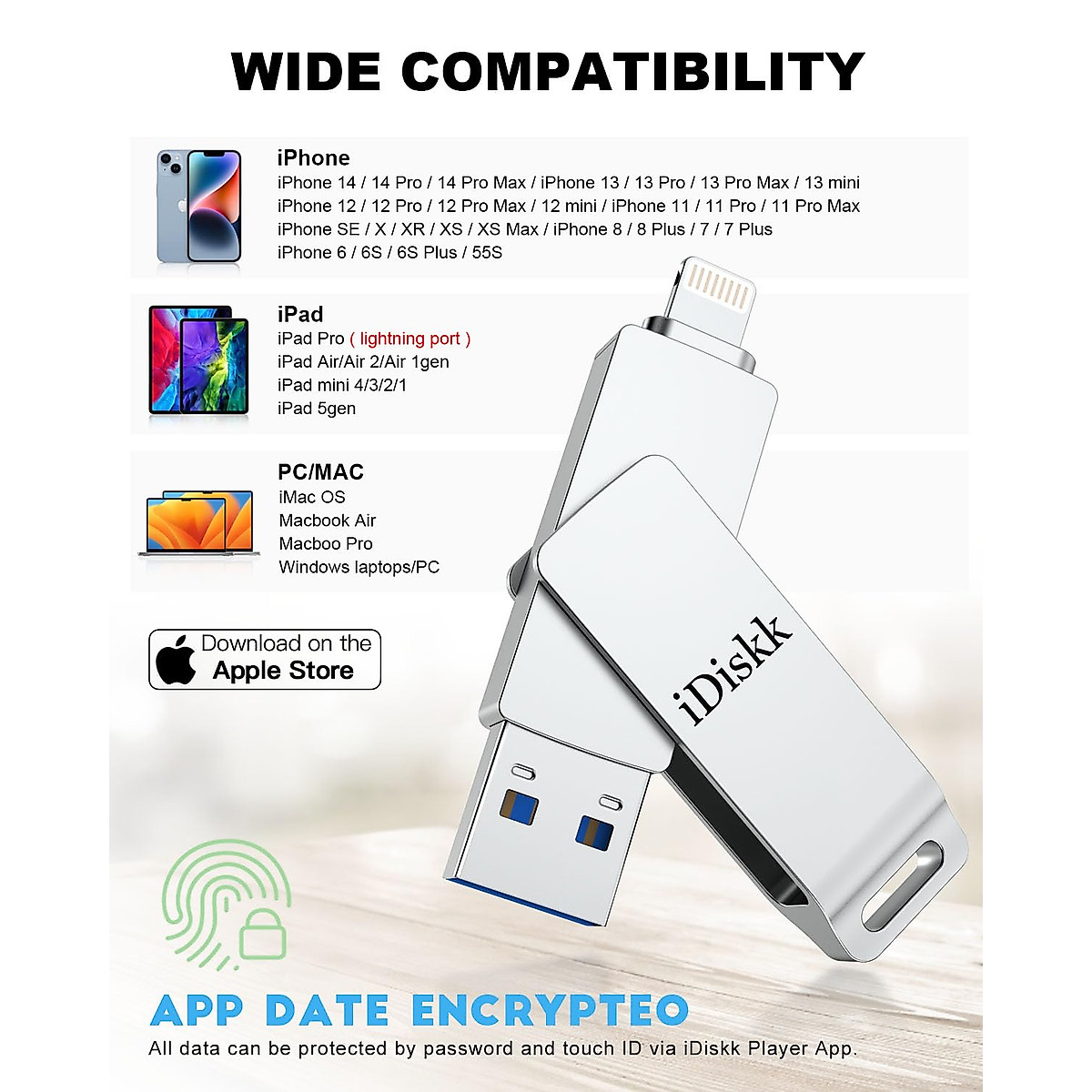 【App-le Certified】iDiskk 128GB Photo Storage Stick iPhone Storage Flash Drive for iPhone usb storage flash drive,iPhone USB External Storage for Mac,iPad and PC Photo Stick for Photos Videos Contacts