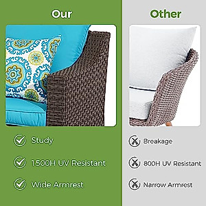 HEYNEMO Outdoor Patio Furniture Sets, 4 Pieces Outdoor Sectional Rattan Sofa Set, Brown PE Wicker Patio Conversation Sets with 8 PCS Lake Blue Washable Cushion and Tempered Glass Table