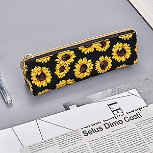 Ykklima Sunflowers Oil Black Pattern Leather Pencil Case Zipper Pen Makeup Cosmetic Holder Pouch Stationery Bag for School, Work, Office