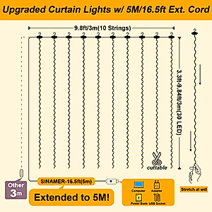 SINAMER White Curtain Light for Bedroom, 300 LED 9.8ft x 9.8ft Curtain String Light with 16 Hooks, 8 Models Remote Control, Window Fairy Light with USB for Wedding Party Home Garden Indoor Decorations