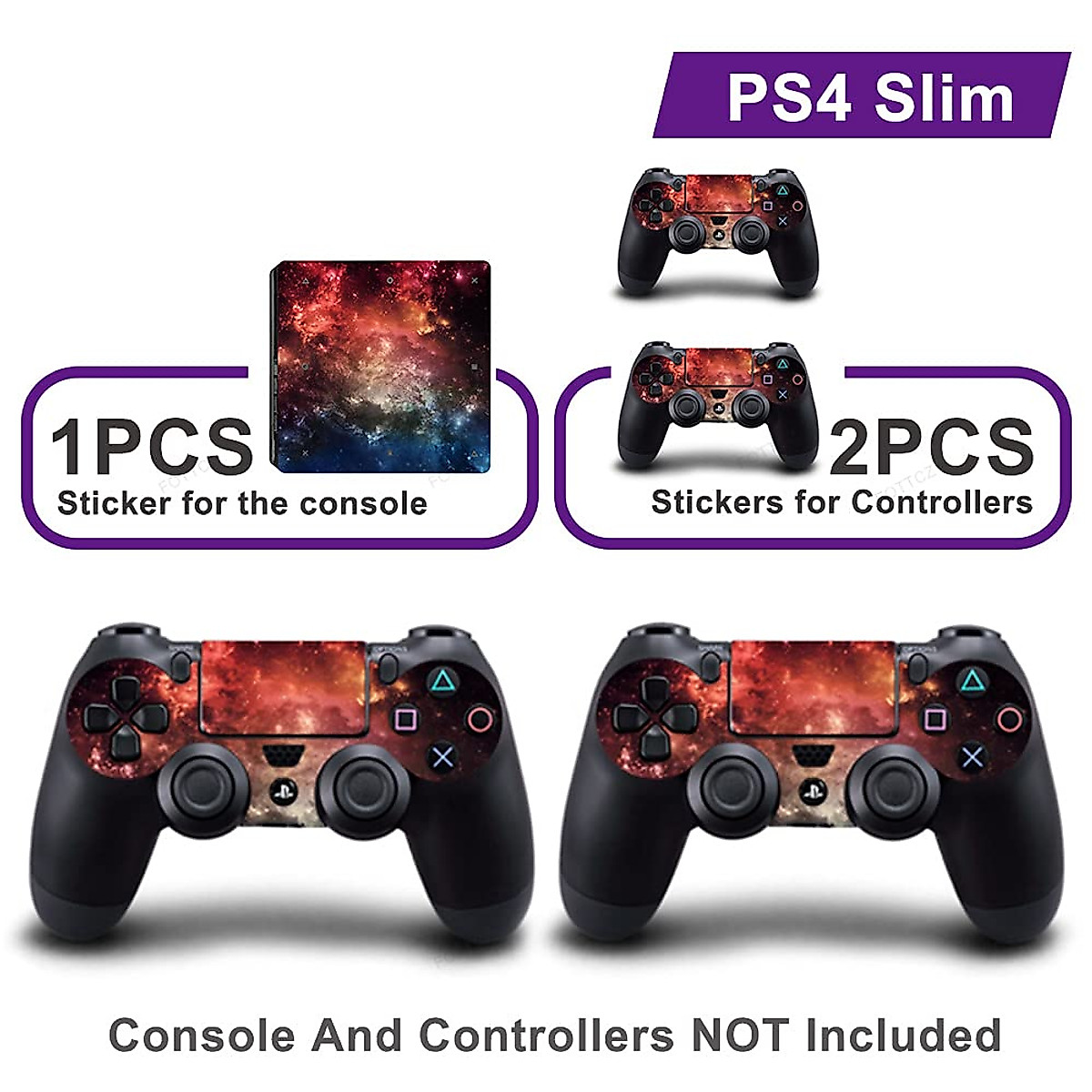FOTTCZ Full Body Orange and Blue Cosmic Nebular Protective Vinyl Skin Decal for PS4 Slim Console and 2PCS Controller Skins Stickers
