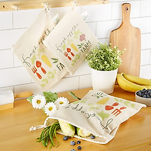 DII Farmer's Market Collection Machine Washable, Reusable Kitchen, Fabric Produce Bag Set, Fresh Veggie Print, 3 Piece