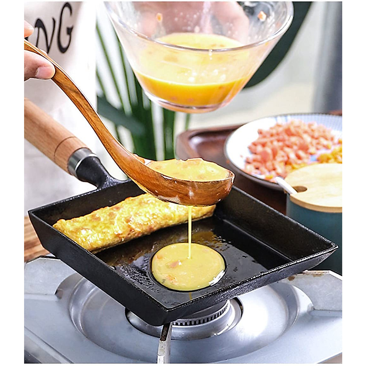 LI-GELISI Tamagoyaki Japanese Omelette Pan/Egg Pan,Rectangle Frying Pan Mini Frying Pan Iron Omelette Pan Tamagoyaki-ki Wooden Handle 9×7 inch