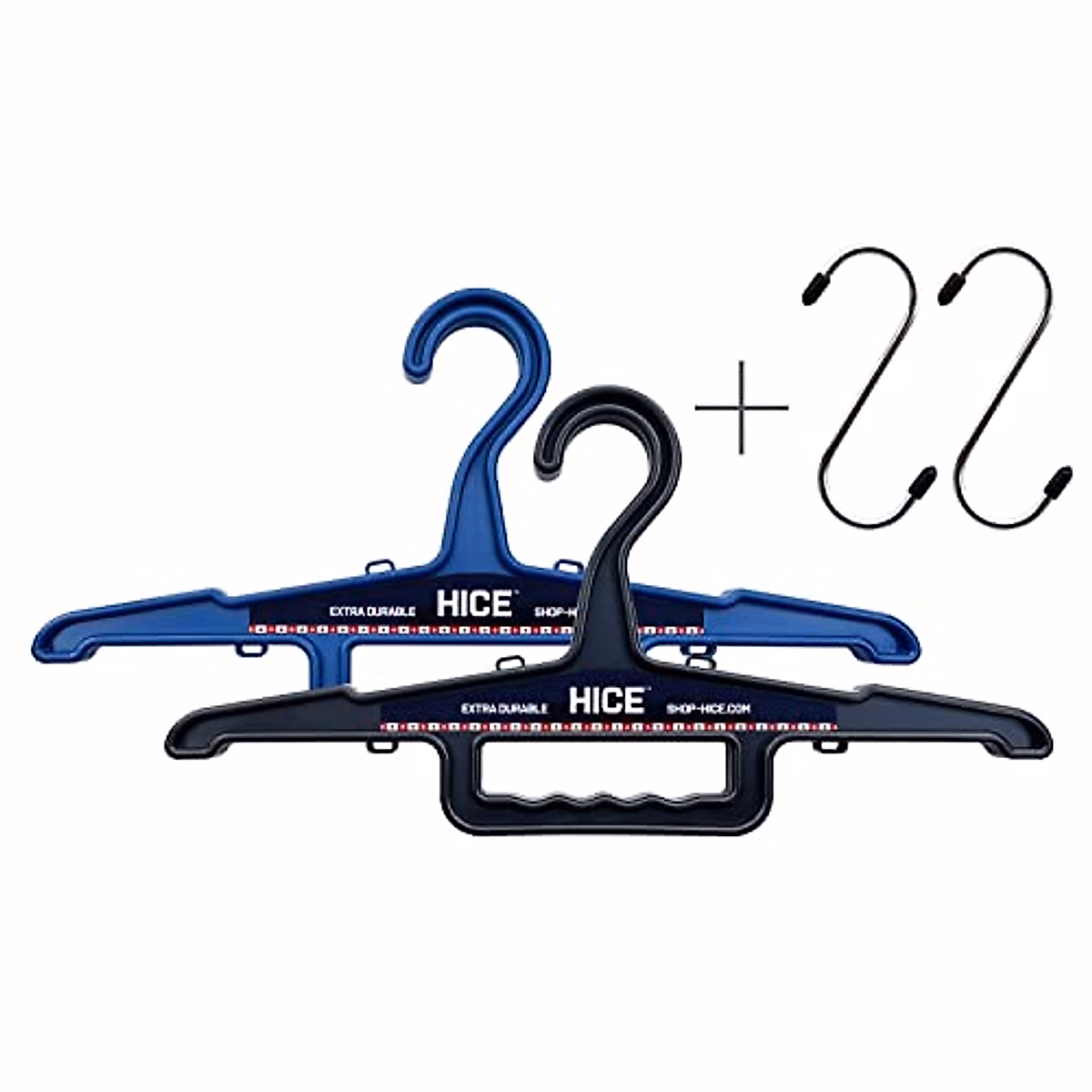 HICE Heavy Duty Hanger | Bundle of 2 | Clothes Hangers with s-Hooks | 150 lb Load Capacity | Durable High Impact Resin | Body Armor, Survival Equipment, Coats, Pants or Belts (Black and Navy Blue)
