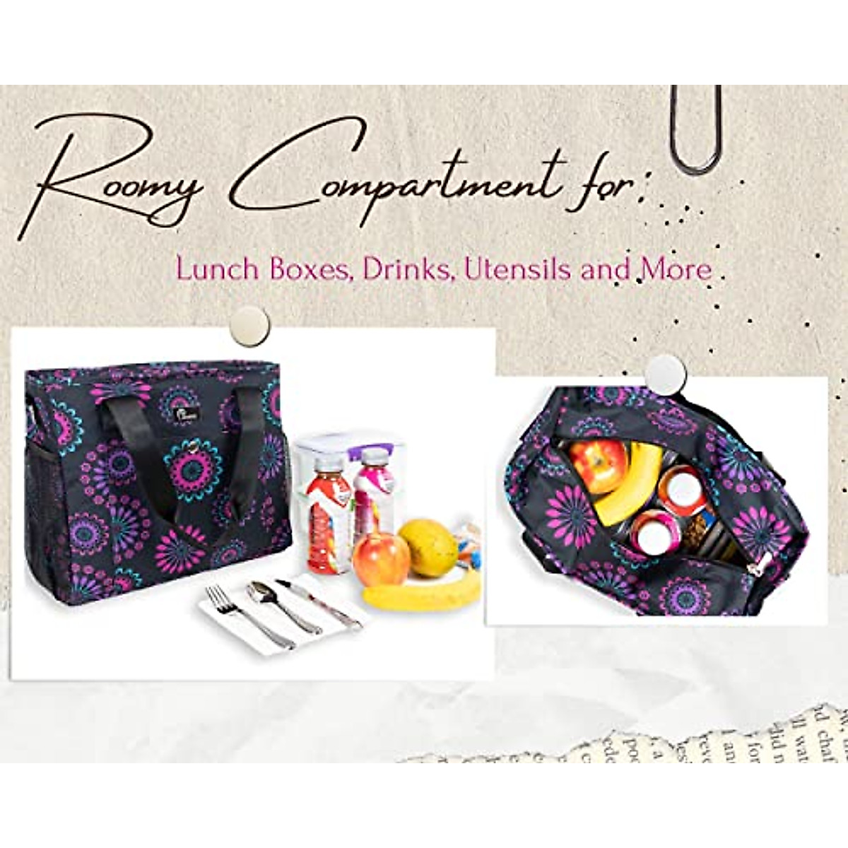 Pursetti Insulated Lunch Bag for Women-Reusable Large Lunch Tote Bag with Water Bottle Holder & Leak-Proof Lining for Work or Travel-Carry by Hand, On the Shoulder or Crossbody (Purple Circle)