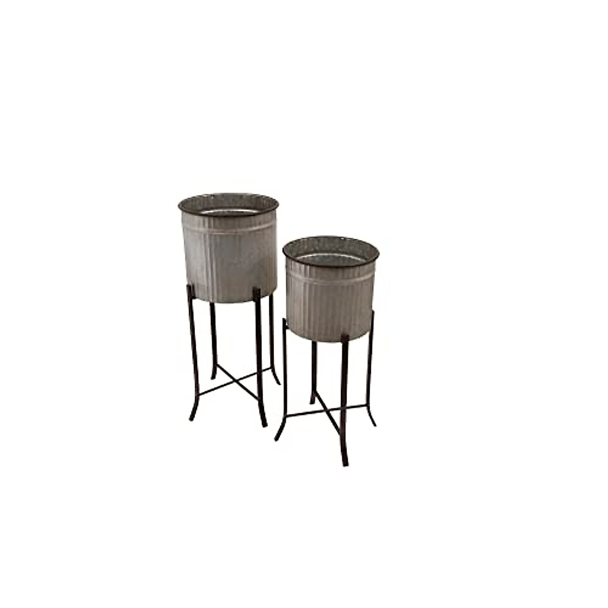 Creative Co-Op Farmhouse Round Corrugated Metal Planters on Stands, Set of 2 Sizes, Silver and Black