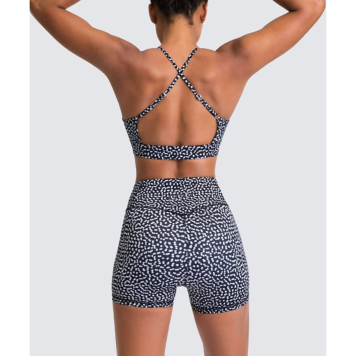 IWEMEK Women Workout Sets 2 Piece Polka Dot Print High Wasit Biker Shorts + Backless Adjustable Strap Sport Bra Yoga Outfits Exercise Running Gym Clothes Black Polka Dots Medium