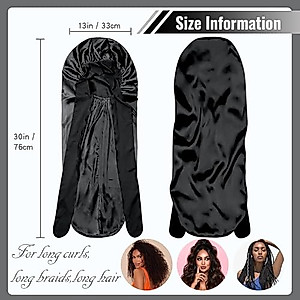 BONNET QUEEN Braid Bonnet Silk Bonnet Foldable Extra Long Bonnet for Braids Satin Bonnet for Sleeping Hair Bonnet with Tie Band Long Sleep Cap Black