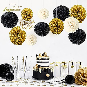 NICROLANDEE Black Gold Party Decorations - 12 PCS Black Gold White Tissue Paper Pom Poms for Wedding, Birthday, Bachelorette, Bridal Shower, Prom, Gruaduation, Festival Decorations