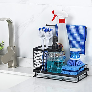 Wetheny Kitchen Sponge Holder-Kitchen Sink Caddy Organizer with Drain Pan 304 Stainless Steel for Sponges, Cleaning Cloth, Scrub Brush, Dish Soap and Hand Sanitizer ( Black )