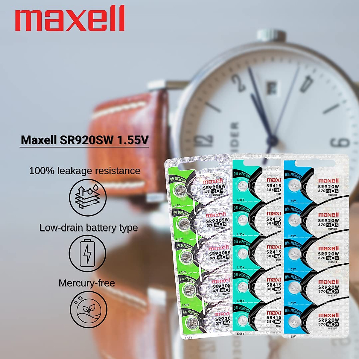 Maxell Hologram SR920SW (371) 1.55 Volt Silver Oxide Watch Battery, On Tear Strip