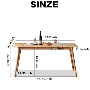 Grewood 100% Solid Oak Wood Dining Table - Mid Century Modern Dining Table - Wood Dining Table Seats 4-6 People - Wood Table for Kitchen, Office (Natural Color, 63inch)