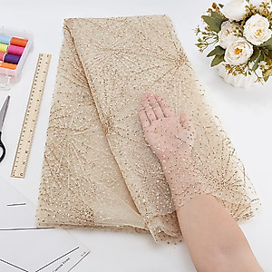 MAYJOYDIY Bisque Sparkly Sequin Tulle Fabric by The Yard, 59inch Width Star Embroidered Fabric Firework Mesh Gilded Lace Fabric for Wedding Reception, Tables, Party Costume Decoration