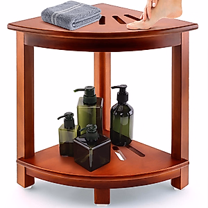 Consevisen Shower Foot Rest 17 Inch - Corner Shower Stool for Shaving Legs, Waterproof Wooden Bathroom Spa Bench Seat, Shower Step with Storage Shelf for Inside Small Spaces, Teak Color