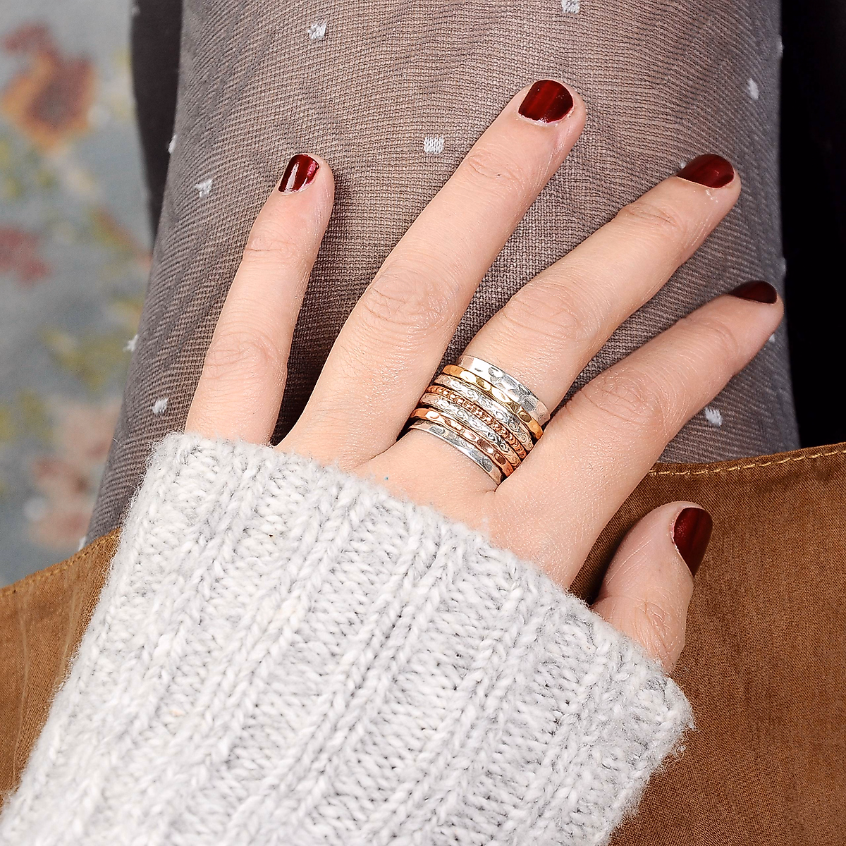 Boho-Magic Spinner Ring for Women 925 Sterling Silver with Copper and Brass Fidget Bands Wide (8)