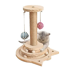 Marchul Cat Scratching Post with Hanging Ball, Kitten Sisal Scratcher Toy with 2 Layer Tracks Spinning Balls, Cat Tracking Interactive Toys for Indoor Cats and Kittens