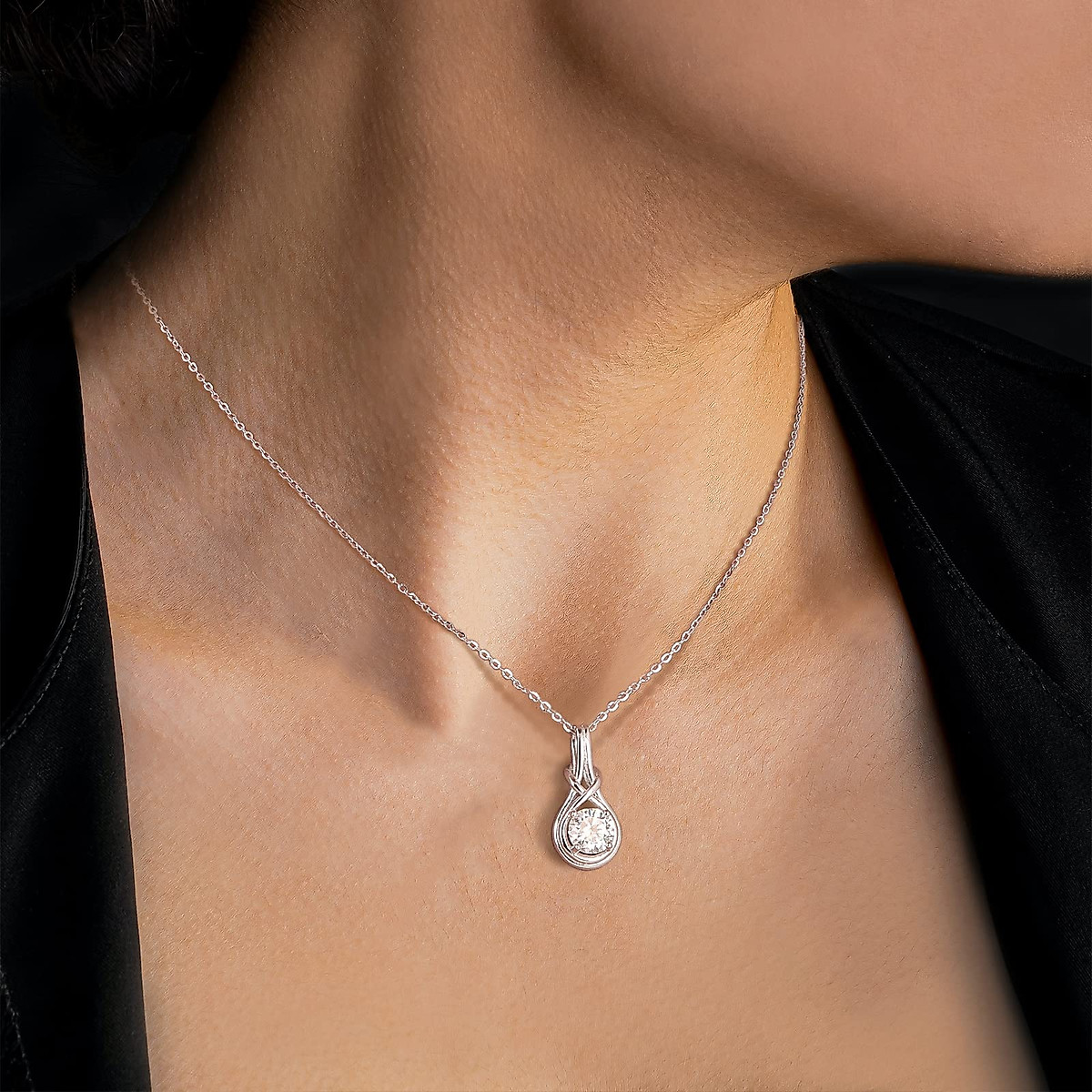 Sterling Silver Moissanite Pendant Necklace:1 Carat Round Cut Moissanite Solitaire Diamond Necklace with White Gold Plated Chain - Trendy Infinity Knot Gem Jewelry for Women