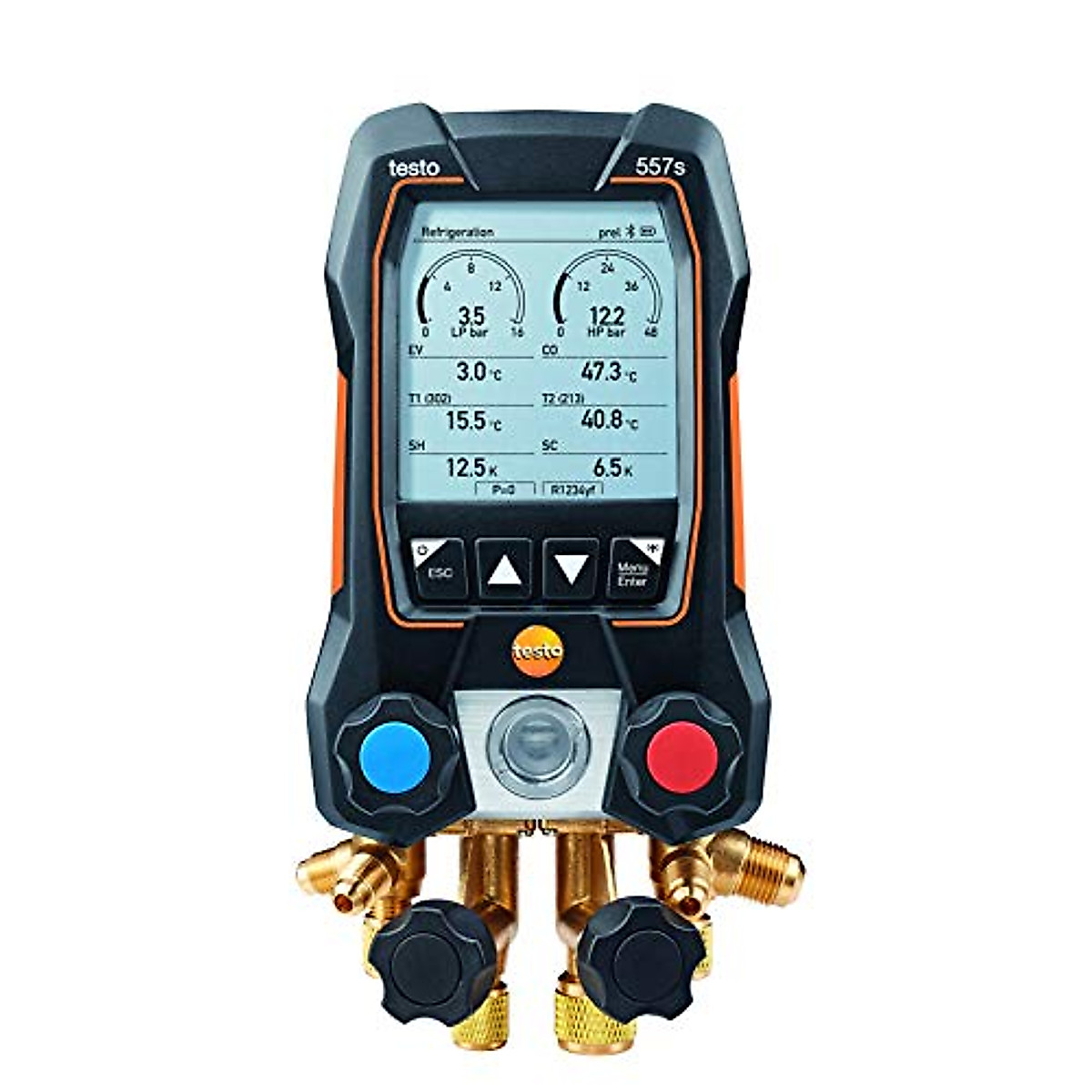 Testo 557s Kit I App Operated Digital Manifold, 2 x testo 115i Pipe Clamp Thermometer, 1 x testo 552i Micron Gauge, 4 x Hoses I for HVAC Systems – with Bluetooth